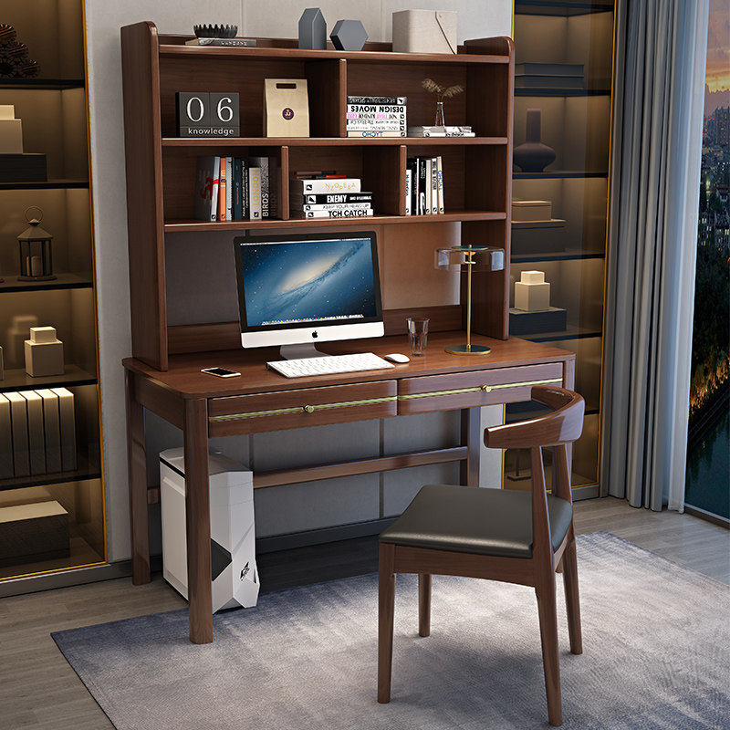 实木书桌书架一体组合家用轻奢电脑桌台式中小学生学习桌写字台_虎窝淘
