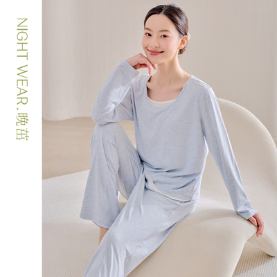 超柔软纯棉长袖女睡衣套装夏薄款