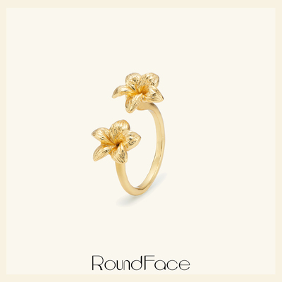 RoundFace 原创设计金色法式复古花朵造型开口戒指女小众