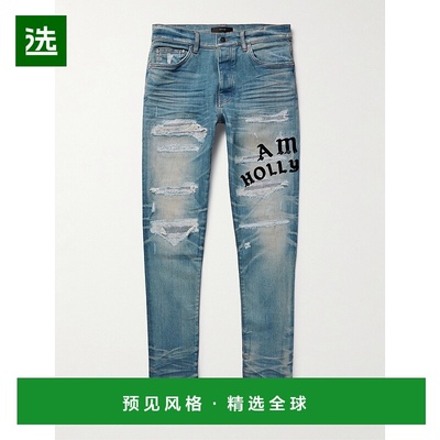 1h可退 AMIRI 男士 Hollywood Logo-Flocked 修身磨破牛牛仔裤