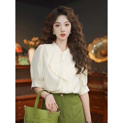 气质短袖衬衫女轻奢高级感减龄洋气2026新款荷叶边雪纺上衣女夏季