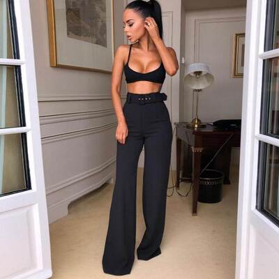 直筒阔腿裤女High Waist Plain Wide Leg loose Pants Trousers