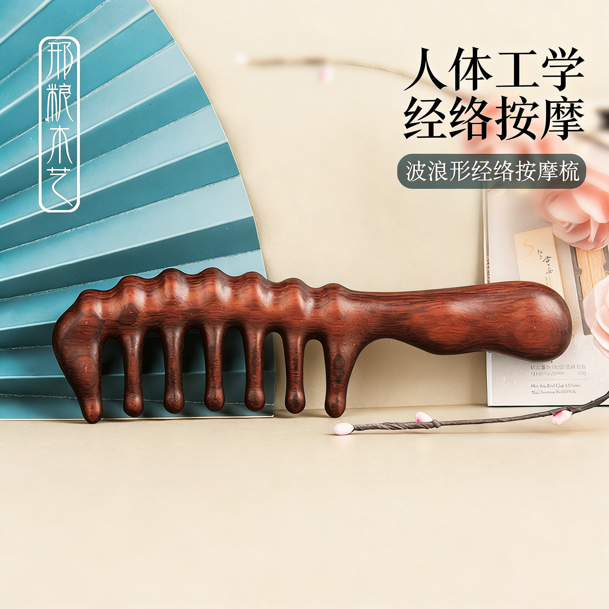 非遗常州梳篦邢粮木艺天然紫檀波浪形经络按摩梳护发养发刮痧按摩