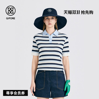 G/FORE吉福官方早秋新品女士高尔夫服装CROCHET STRIPED POLO衫