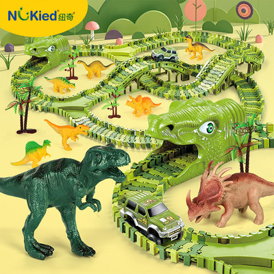 纽奇恐龙轨道车儿童仿真恐龙模型玩具电动赛车百变轨拼接轨道