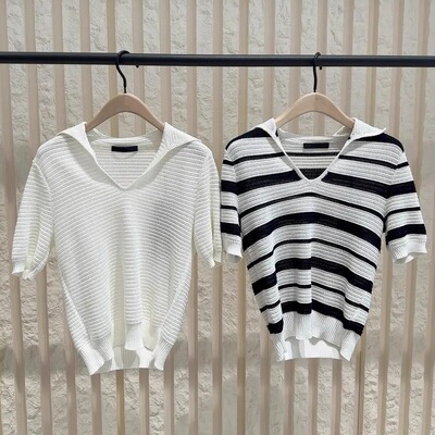 法式POLO开襟轻薄短袖针织衫