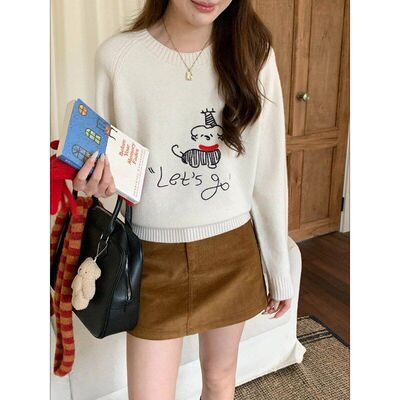 thMorning针织衫趣味慵懒醋酸羊毛混纺小狗刺绣圆领毛衣ZY3623