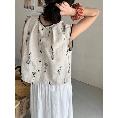 thMorning小个子正反两穿复古花朵刺绣圆领亚麻无袖衬衫ZY3151