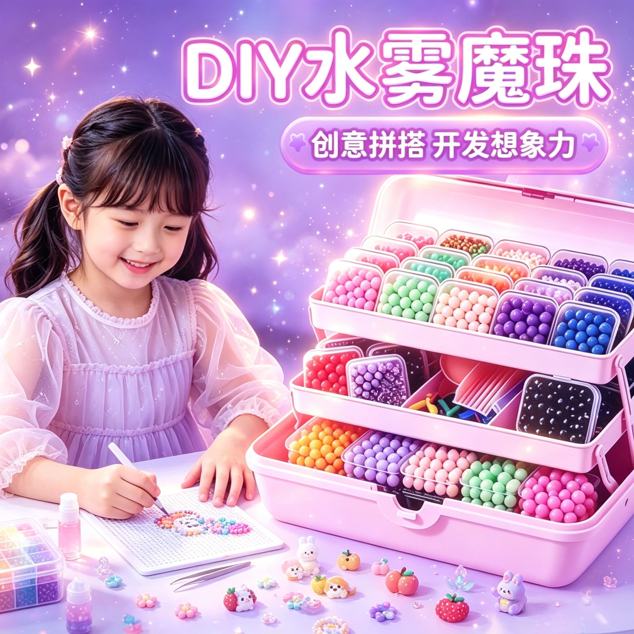 夜光水雾魔珠材料包神奇沙画刮画纸胶画女孩拼豆儿童手工diy玩具