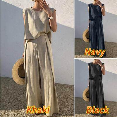 Women's Cotton Hemp Fashion Casual Loose Two Piece Set女
