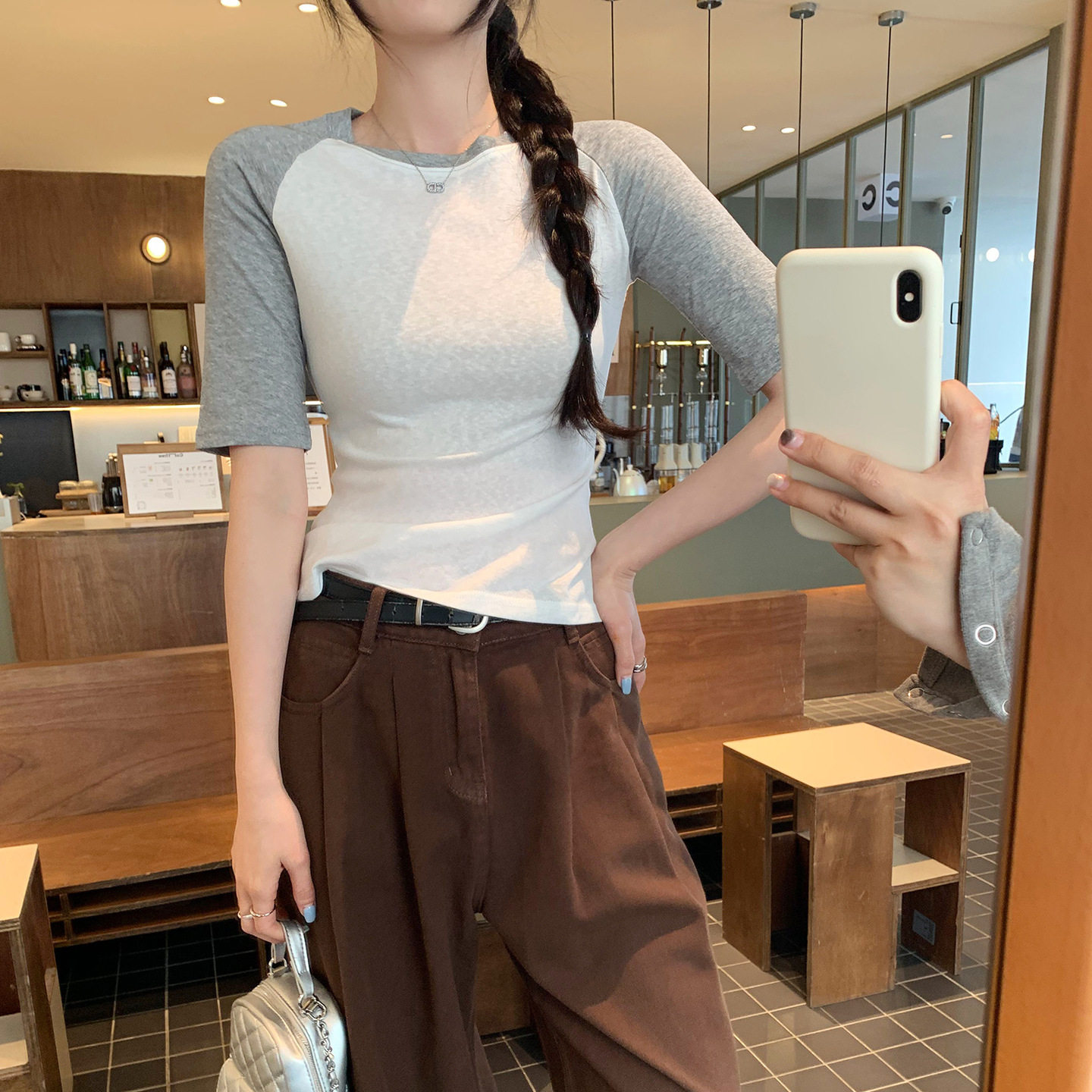 2026实拍撞色拼接插肩短袖T恤女夏季新款美式辣妹修身漂亮上衣