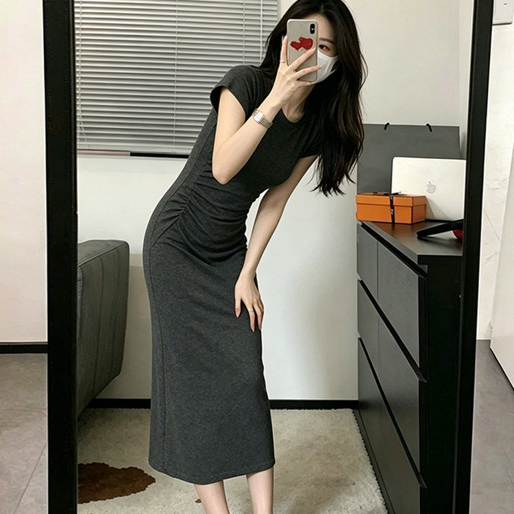 韩式气质灰色短袖洋装女夏小个子收腰包臀中长版修身显瘦包臀裙