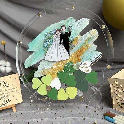 森系庆透婚创圆形婚礼意桌面签到框爱心391木片签到本叶明子签名