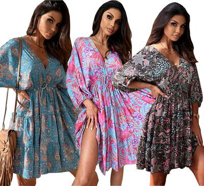 2023 loose floral dress for lady classy pleated v-neck skirt