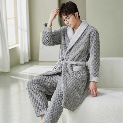 男士珊瑚绒保暖睡袍套装