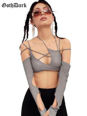 Sexy Techwear Punk Women Halter Tops Gothic Crop Top露脐露背