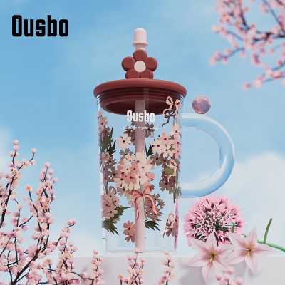Ousbo双层玻璃水杯女高颜值大容量新款2025带吸管耐高温喝水杯子
