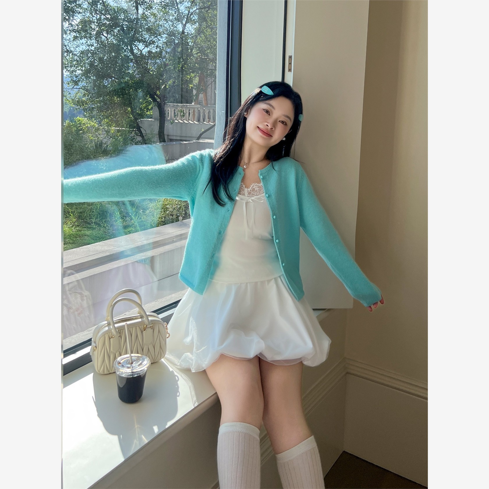 大码百分百女装秋季微胖mm少女氛围感穿搭针织衫花苞裙套装