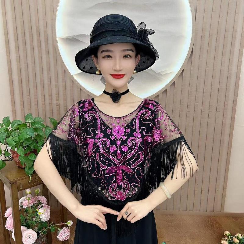 夏季新款流苏套头披肩女时尚百搭亮片星空沙花瓣斗篷优雅气质披风