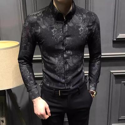 男士长袖衬衫春秋植物印花