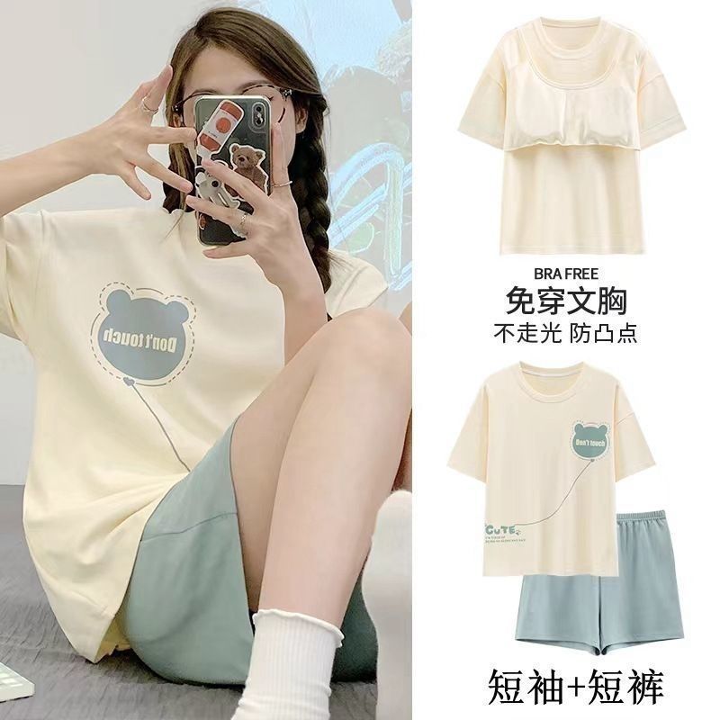 自带胸垫睡衣女2026年夏季透气短袖短裤可爱卡通可外穿家居服套装