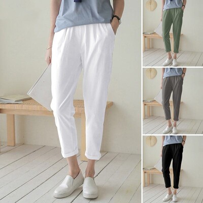 Women's casual high waisted cotton and linen cropped pants女