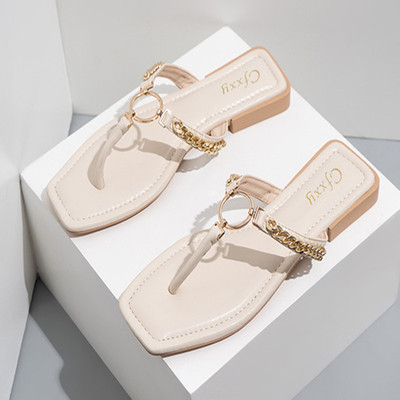 欧美跨境爆款链条圆扣人字凉拖Flat Sandals Slippers For Ladies