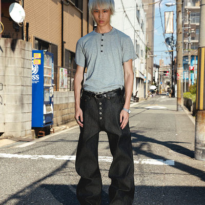 BigProduction五连扣黑棉羽康龙环锭纺超宽松直筒牛仔裤原牛14oz