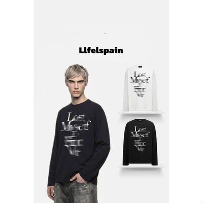 LIFEISPAIN 失序自渡系列长袖字母印花轻奢潮流宽松休闲百搭圆领T