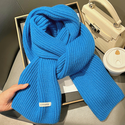 韩系显白蓝色针织围巾女冬季韩版纯色百搭ins学生保暖毛线围脖潮