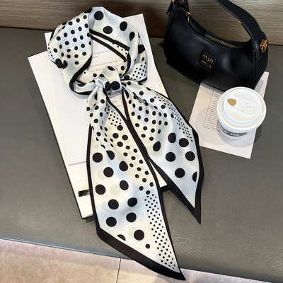 韩国黑白波点丝巾女围巾系脖飘带2025新款长条领巾高级感丝带脖饰