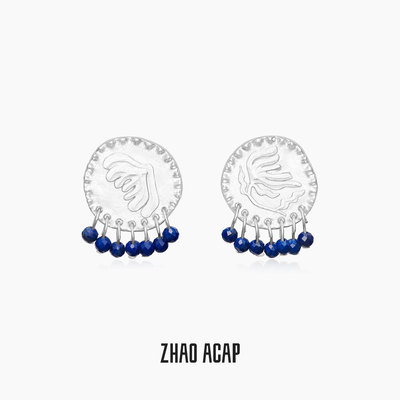 ZHAO ACAP原创设计野百合浮雕硬币青金石扭珠AB款耳钉