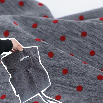 春秋冬石灰色底红色植绒波点布料垂坠柔软雪尼尔弹力包包旗袍面料