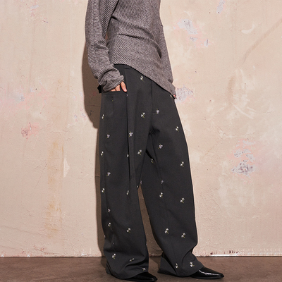 SAME FLOW 百搭四季童趣刺绣设计感挺括有型休闲阔腿直筒情侣西裤