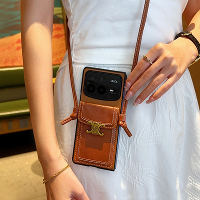 适用小米mixfold4手机壳全包防摔皮纹高级感棕色小米MIXFold4保护壳折叠屏斜挎挂绳大牌卡包轻奢高档