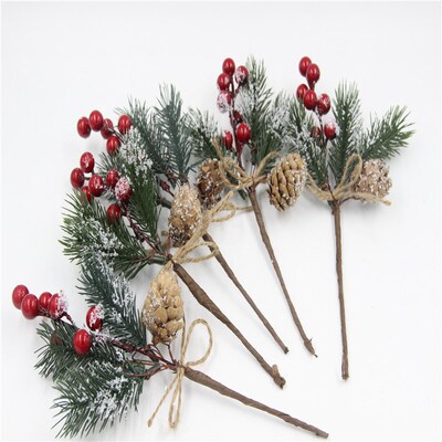 1 pcs Fake Snow Frost Pine Branch Cone Berry Holly DIY Xmas