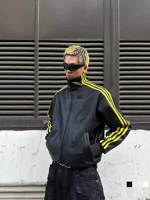 余文乐GALI同款黄色三条杠刺绣OFFGOD艺术家联名机车皮衣夹克外套