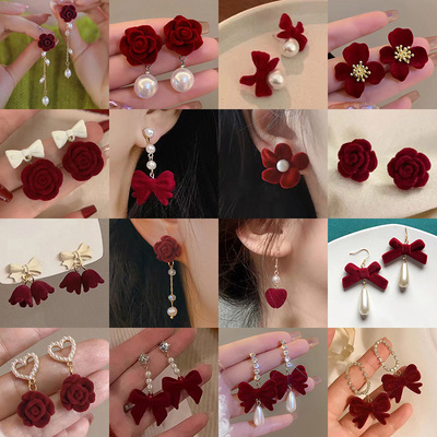 红色喜庆耳环女植绒新款