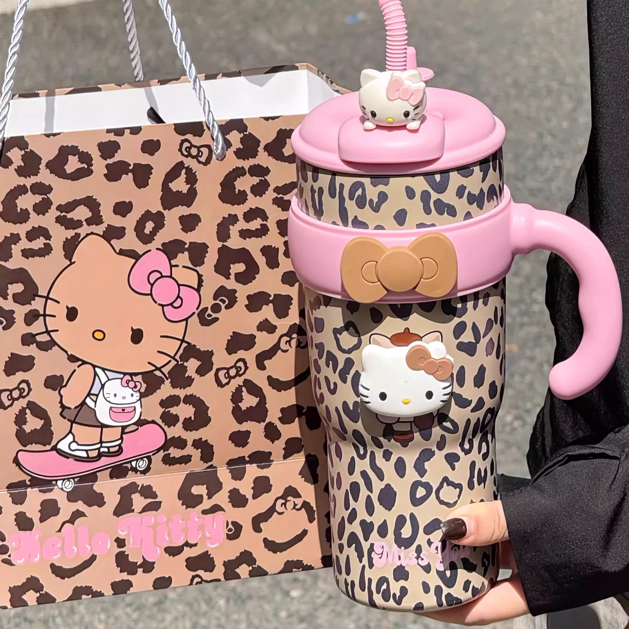 法国Fad Karan豹纹凯蒂猫冰霸杯大容量新款带茶隔吸管双饮保温杯
