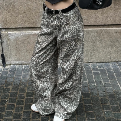 IAMUBABA新款Jaded London做旧水洗豹纹宽松阔腿低腰牛仔裤休闲裤