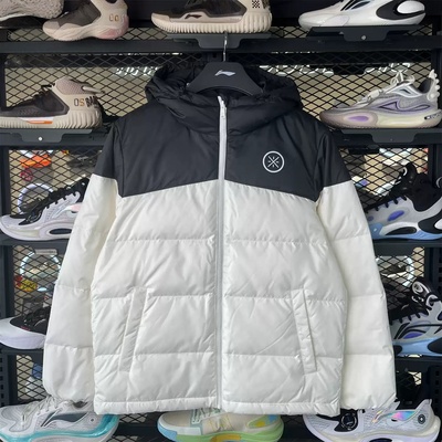 李宁保暖连帽男子防泼水羽绒服