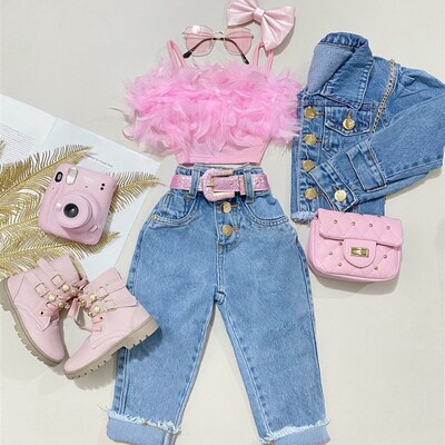 2025 Girls Solid Color Vest Tops Jeans Pants Set Cute Kids O