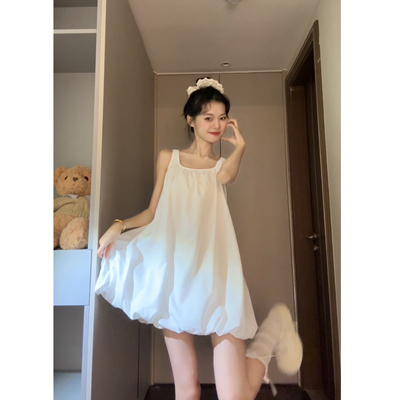 Seven 七分糖纯色白色花苞背心裙女新款宽松连衣裙休闲小众裙子