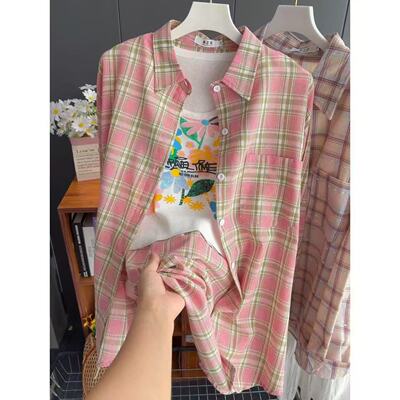 美式慵懒风格子衬衫女叠穿宽松显瘦长袖衬衣开衫外穿ins百搭上衣