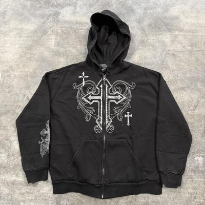 MELANIN 黑色素刺青哥特系暗黑风格十字印花金属感黑色连帽卫衣