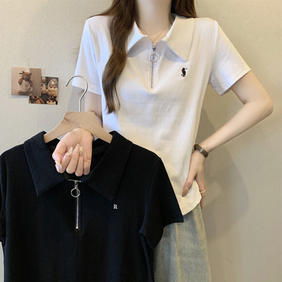 大码正肩POLO领半拉链短袖打底衫女夏季胖妹妹显瘦遮肉遮肚子上衣