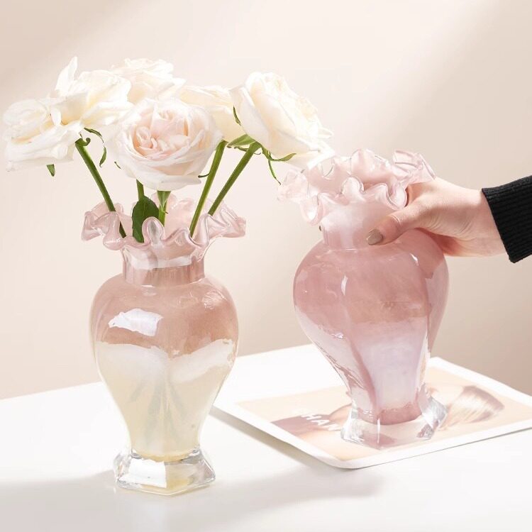 珠光炫彩高级感中古芬顿玻璃花瓶鱼尾花器轻奢家居摆件餐桌装饰