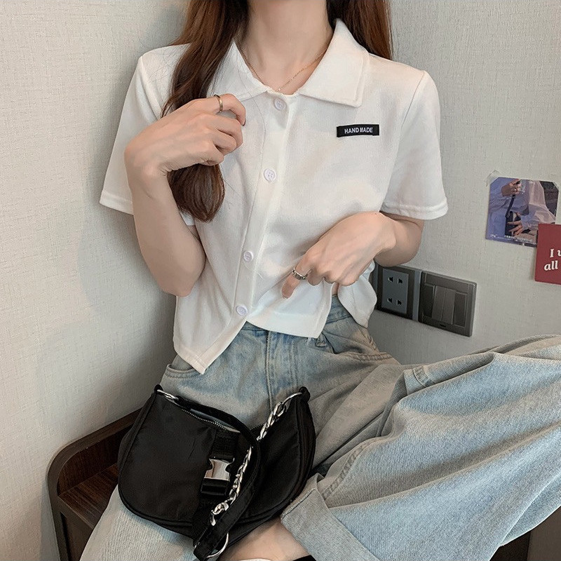 韩系不规则正肩T恤女夏季胖MM短袖设计感小众polo衫短款遮肚
