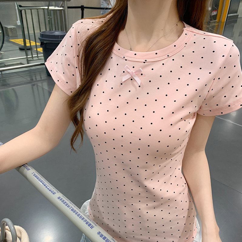 实拍短袖t恤女装夏新款韩系蝴蝶结修身波点花边下摆圆领上衣