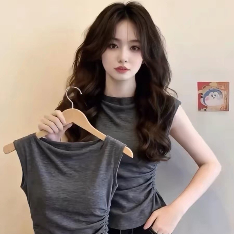 灰色褶皱收腰无袖t恤女2026新款夏季韩系ins设计感上衣微职场穿搭